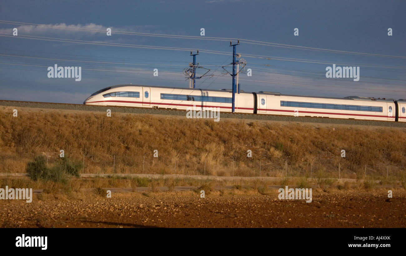AVE High Speed Train in Andelucia Spain with blue sky on embankment ...