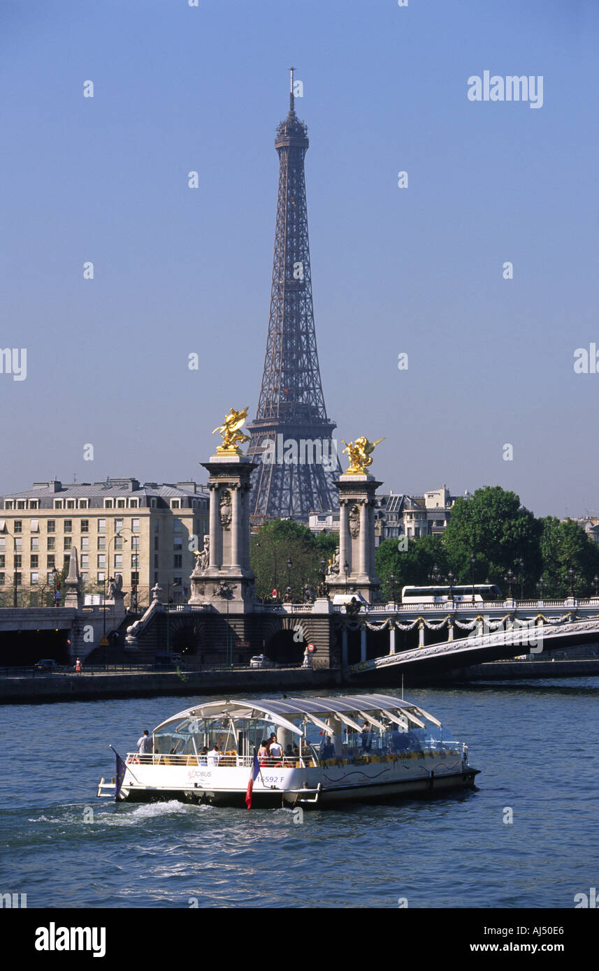 Batobus pleasure boat River Seine Pont Alexandre III Eiffel Tower Paris ...
