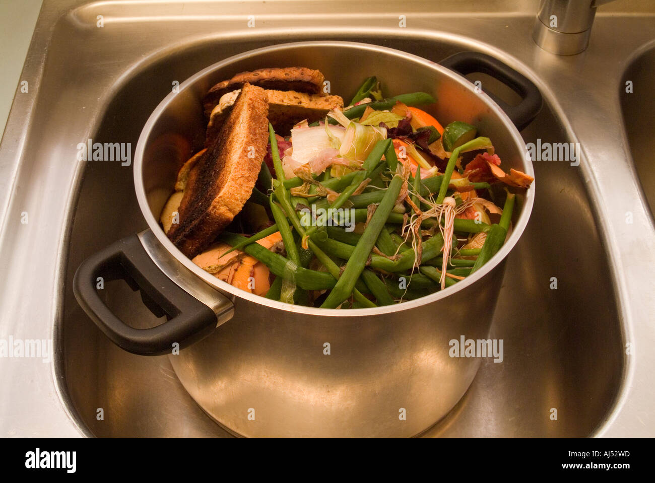 A mixture of kitchen scraps in a saucepan for composting, feeding a ...