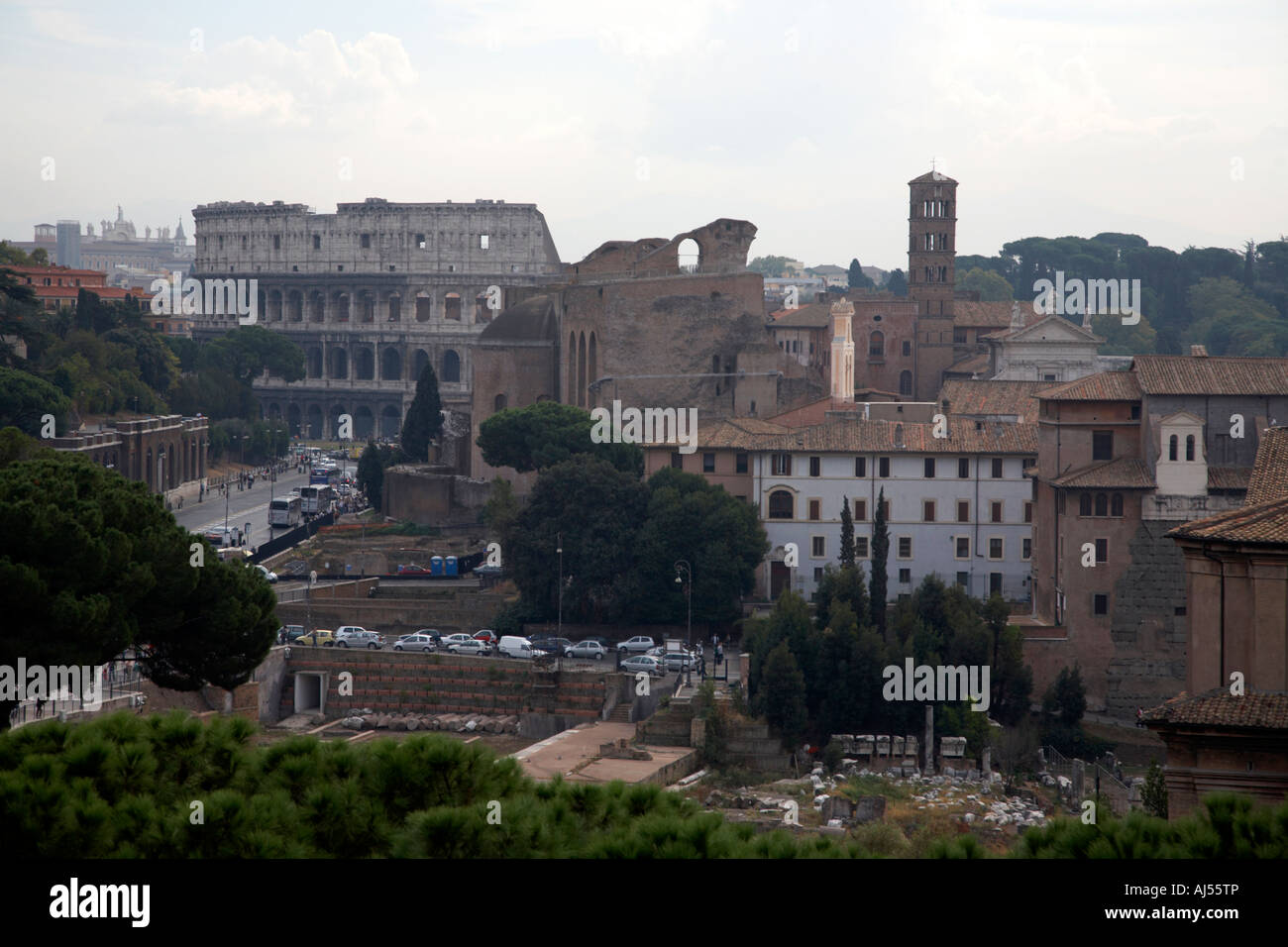 Looking out over Rome including skyline with the colosseum and imperial ...