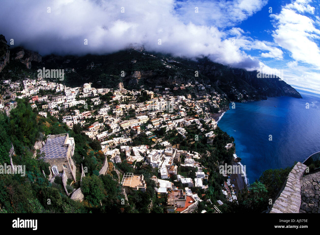 Aerial View of Mountain overlooking the Famous Village of Positano ...