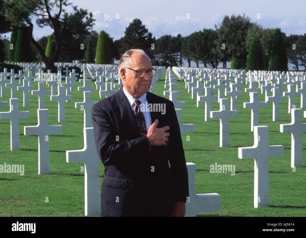 Veteran soldier at the U S military cemetary in Normandy France Stock ...