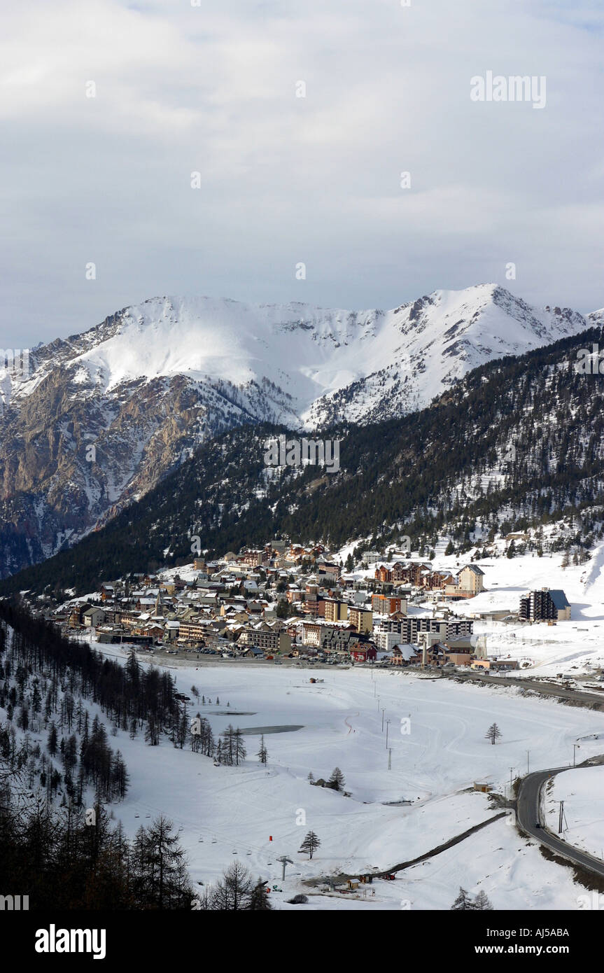 Mont genevre ski resort viewed in the distance from italian mountain ...