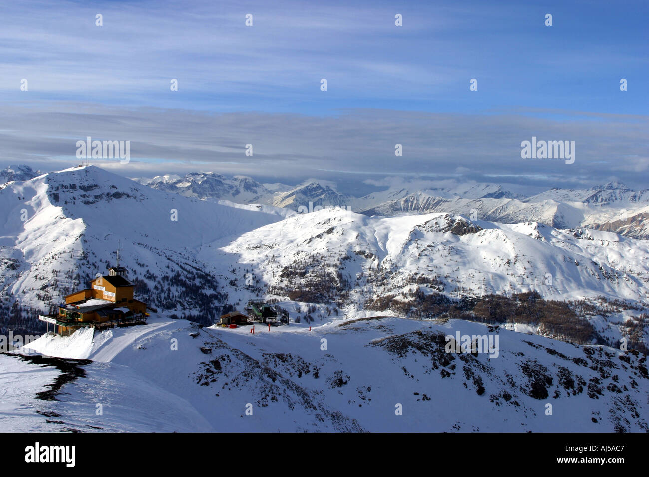 Italian Alpine View above Sestriere with high altitude restaurant in ...