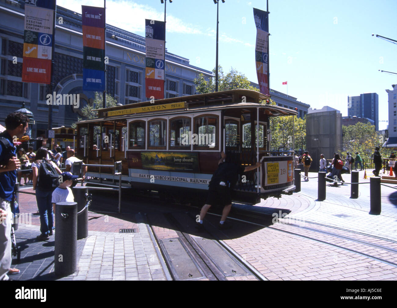 A San Francisco cable car is turned around on the turntable at Market ...
