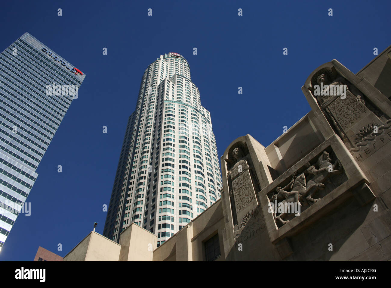 Los Angeles Public Library and US Bank tower October 2007 Stock Photo ...