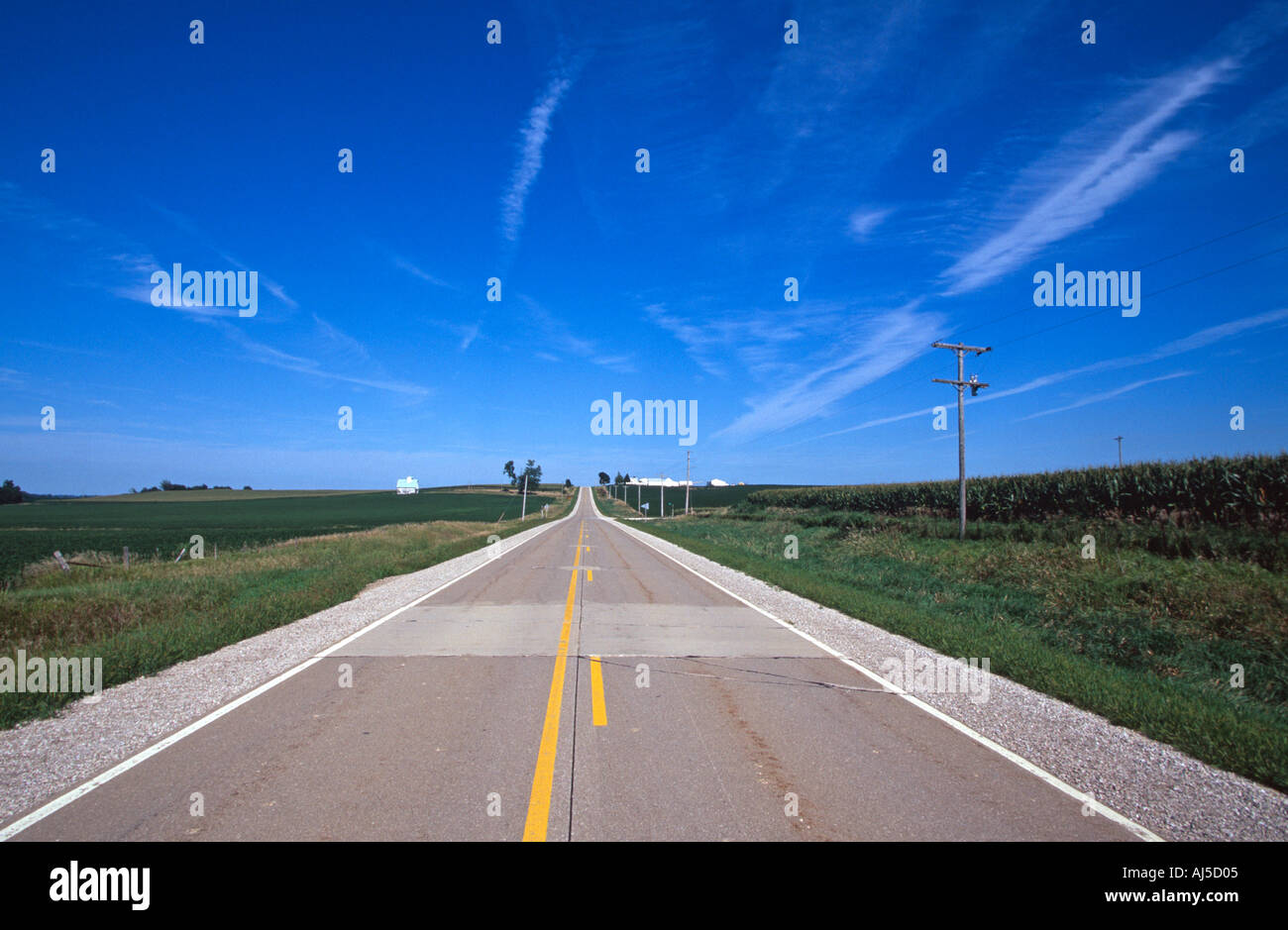Two lane country road extending to horizon through farmland Eastern ...