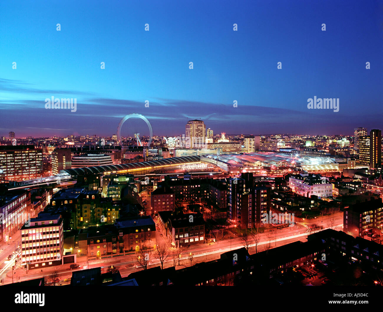 london eye and waterloo railway station panoramic night view england ...