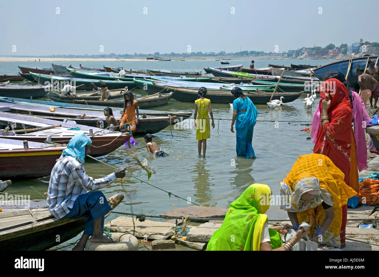 Ritual morning bath. Rana Ghat. Ganges river. Varanasi. India Stock ...