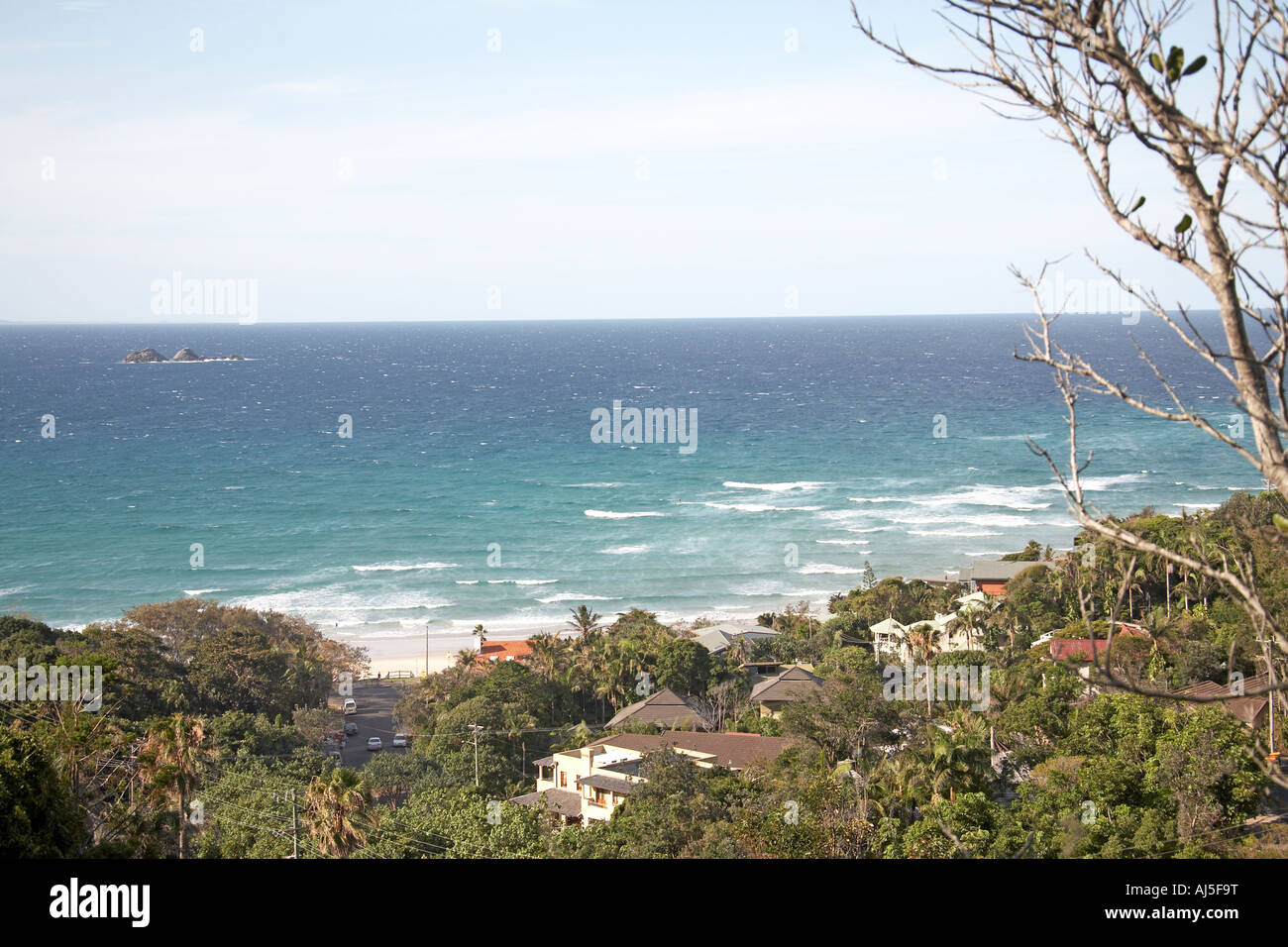 Houses in trees above the sea at Wategos Beach in Byron Bay New South ...