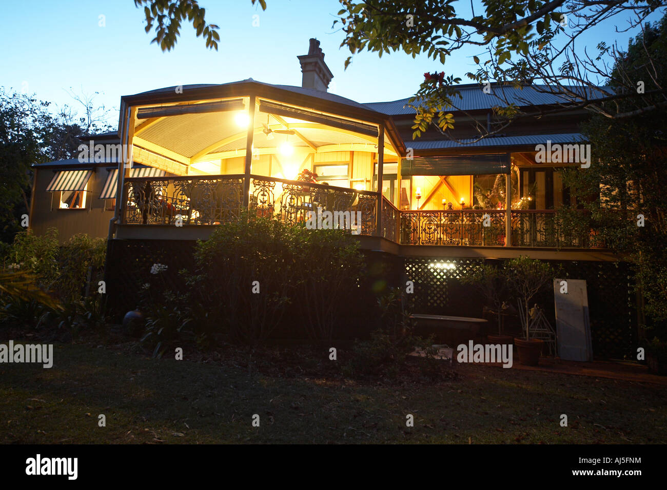 Exterior of old colonial style Queenslander wooden house building with ...