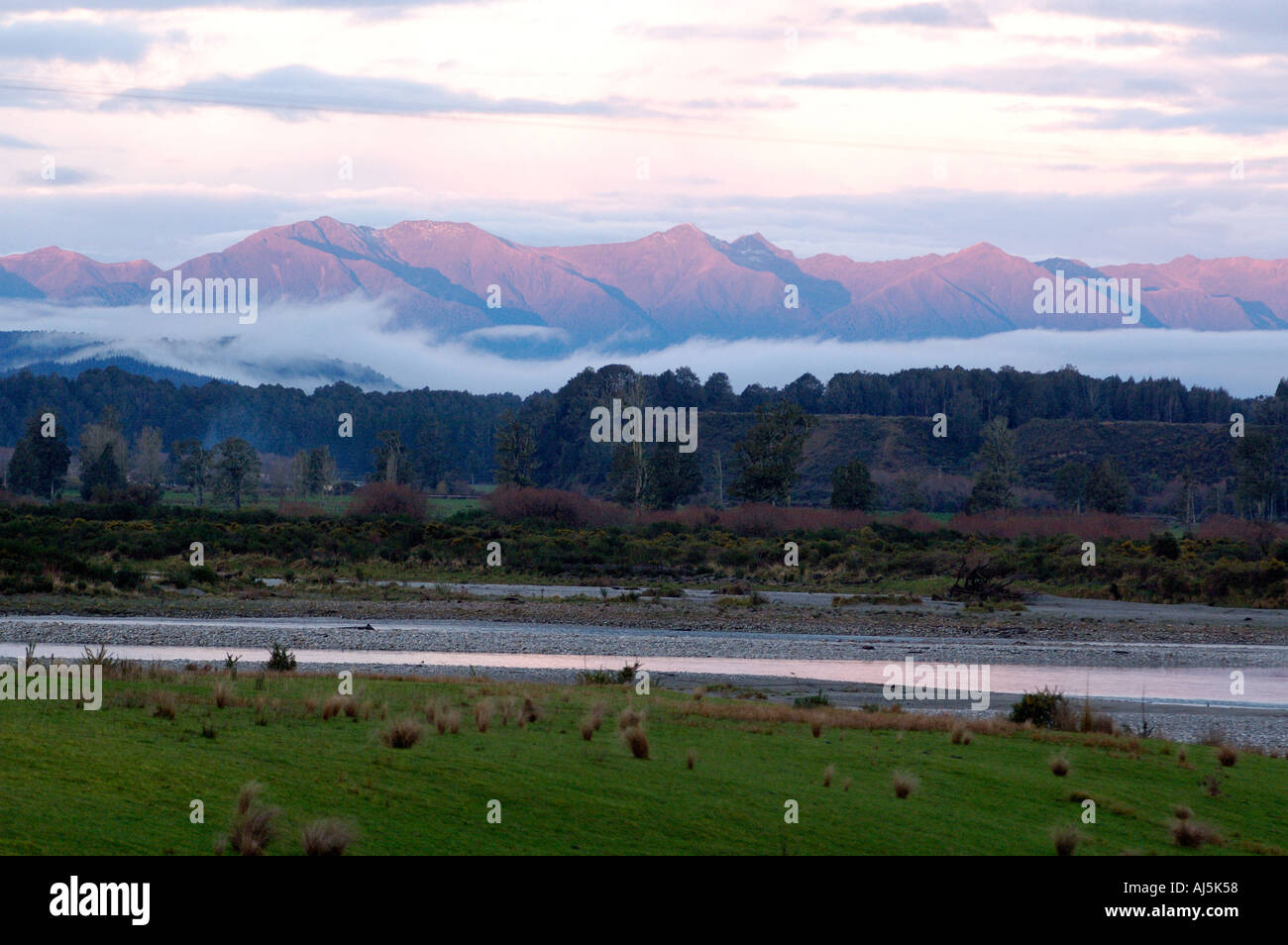 New Zealand South Island sunset at stillwater at the west coast Stock ...