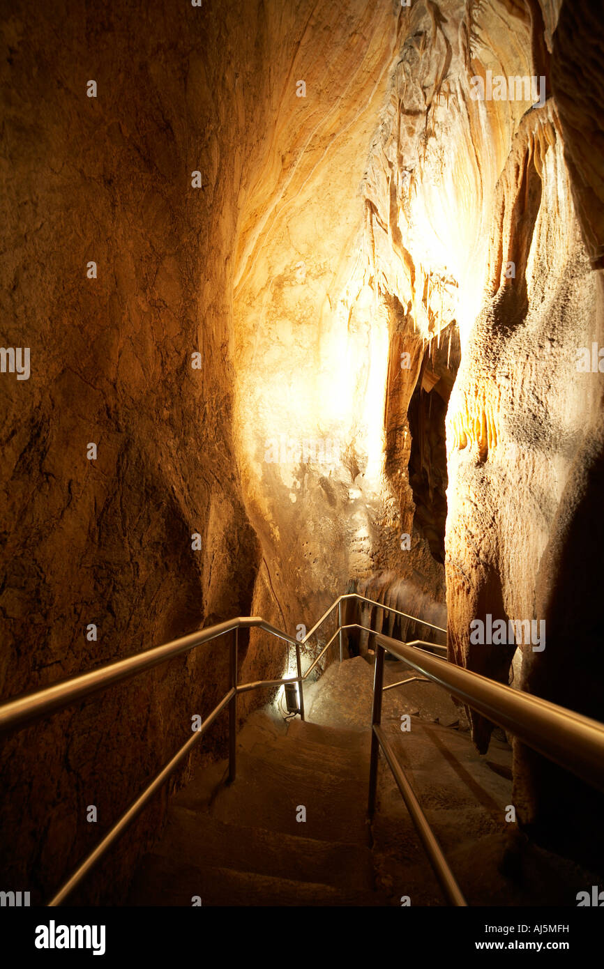 Concrete steps with railings in Chifley Cave at Jenolan Caves in Blue ...