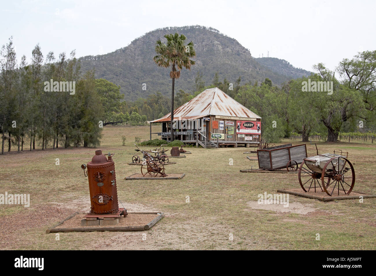 Musuem among hills with old farm machinery at Oakvale winery in Hunter ...
