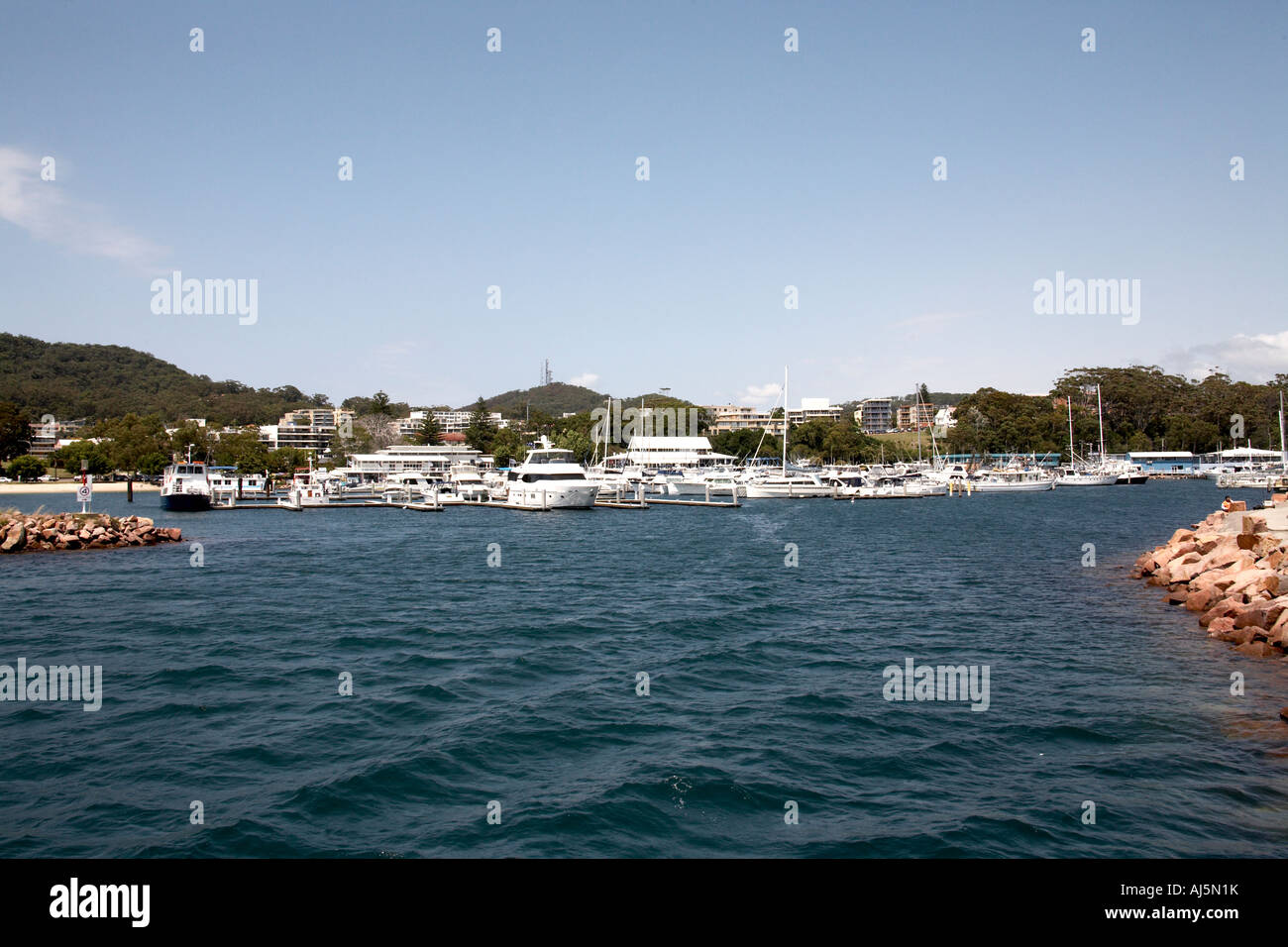 Marina harbour and town of Nelson Bay with boats and cruisers in Port ...