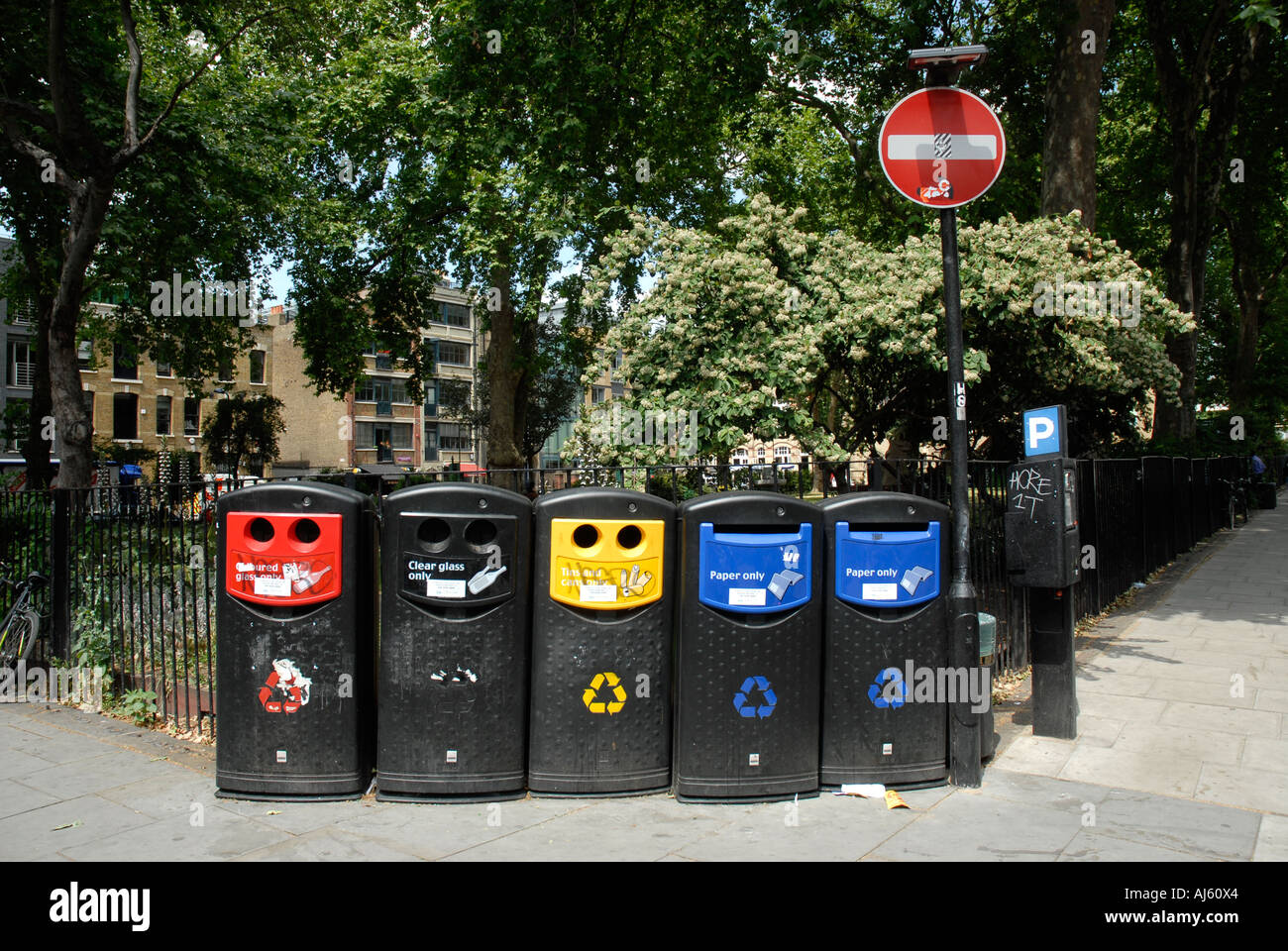 Recycle bins in Hoxton Square London Stock Photo - Alamy