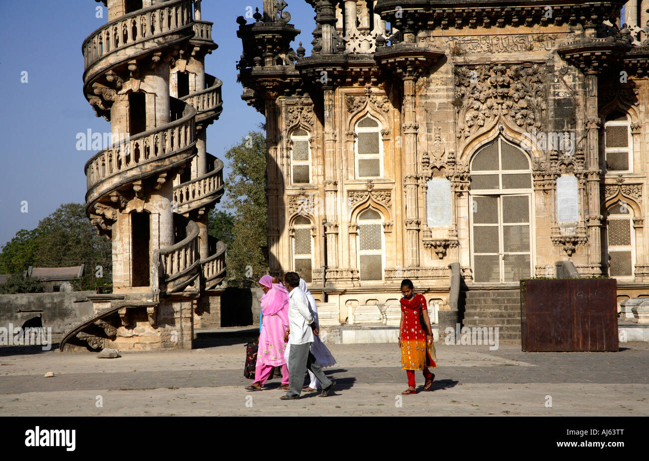 Indian tourists visiting Mahabat Maqbara Mausoleum with minarets with ...