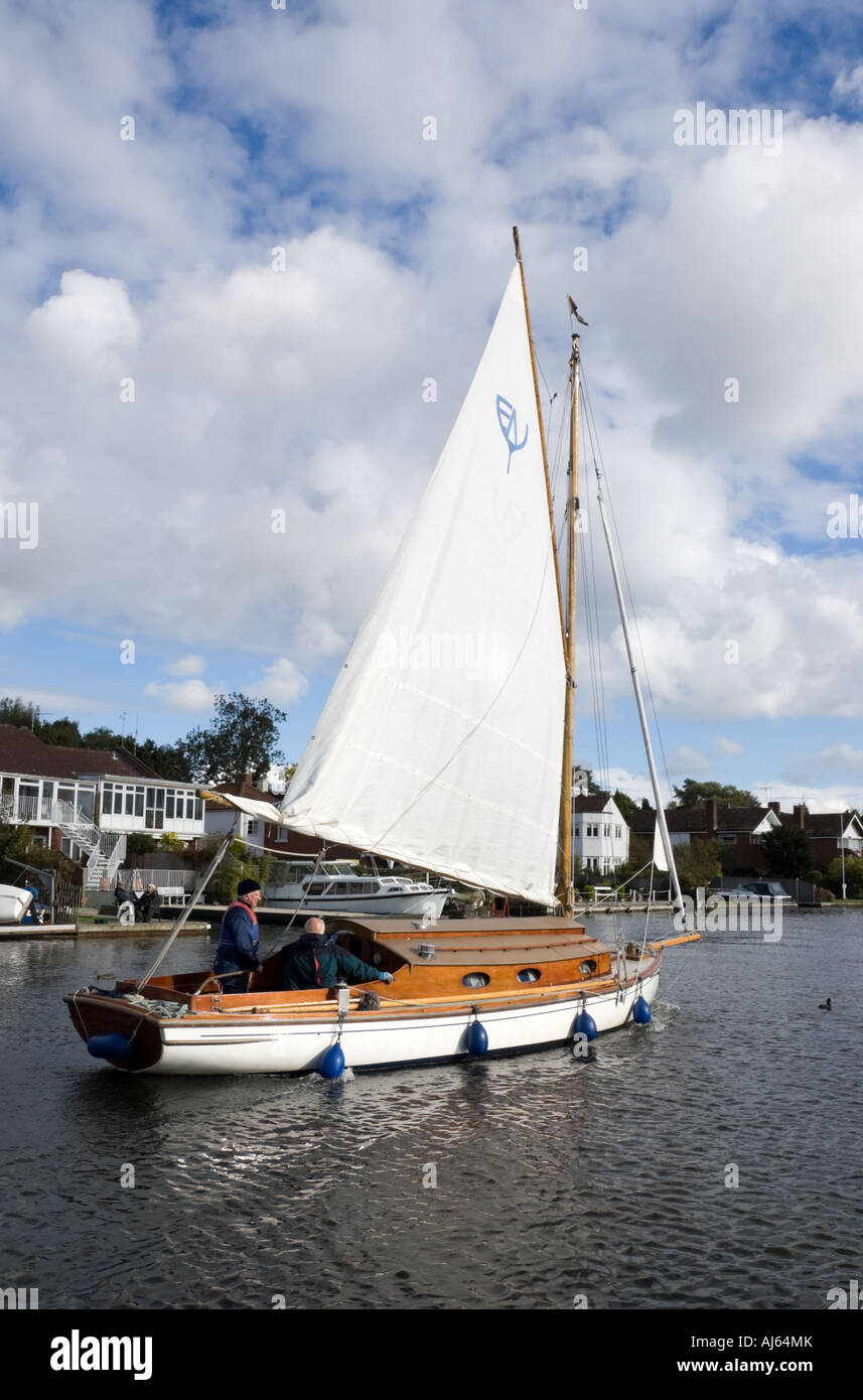Traditional Broads sailing yacht on the River Bure at Horning, Norfolk ...