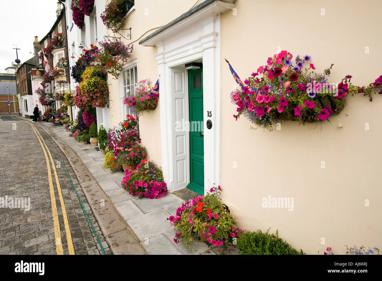 UK Kent Deal Beach Street seafront colourful floral display outside ...