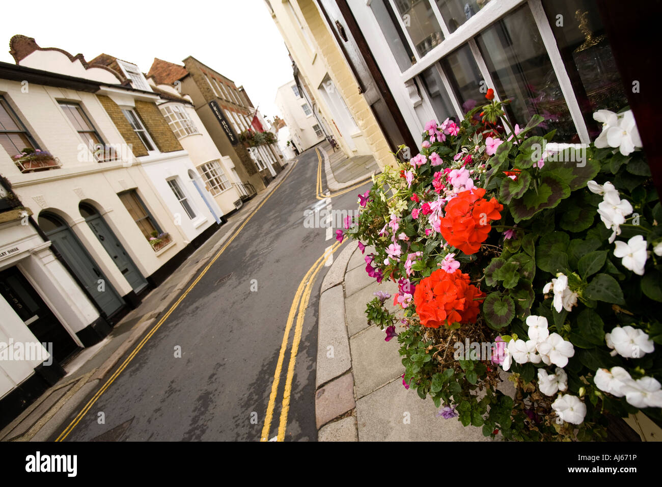 UK Kent Deal Old Town Middle Street colourful floral window box Stock ...
