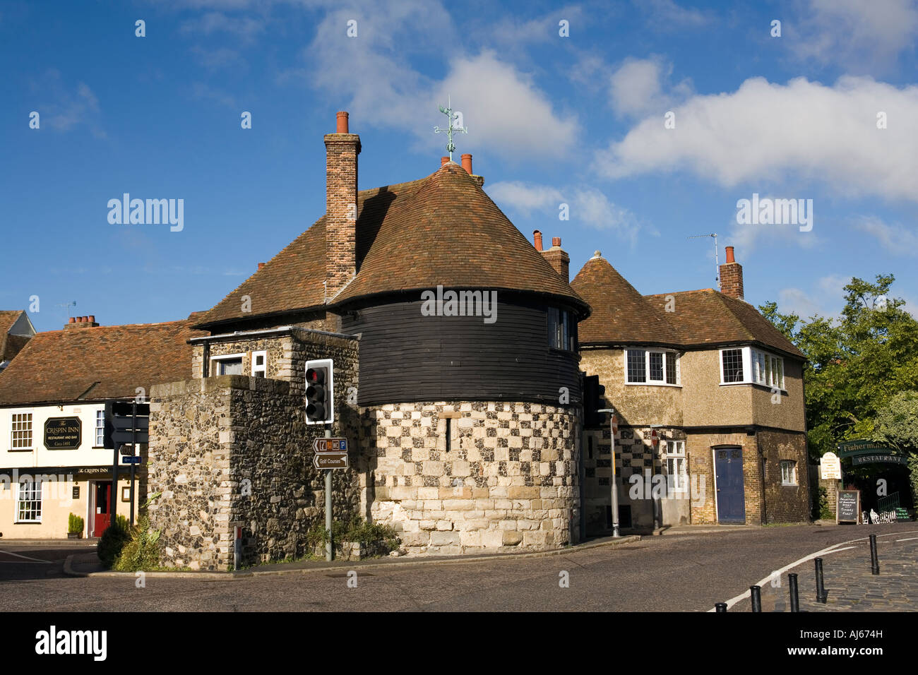 UK Kent Sandwich Quay The Barbican Tudor town gate on banks of River ...