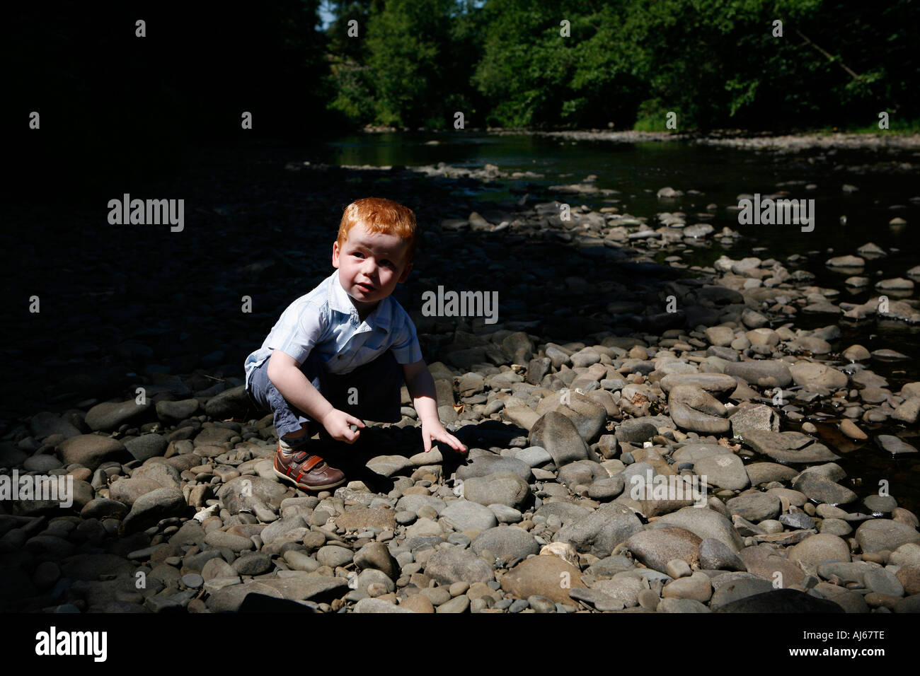 Small child playing by the river Banwy in Llangyniew, Wales (near ...