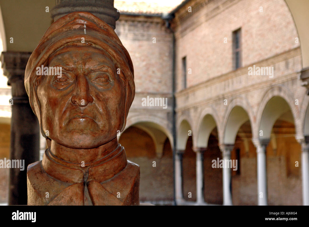 A bust of Italian poet Dante Alighieri in the cloister of the Museo ...