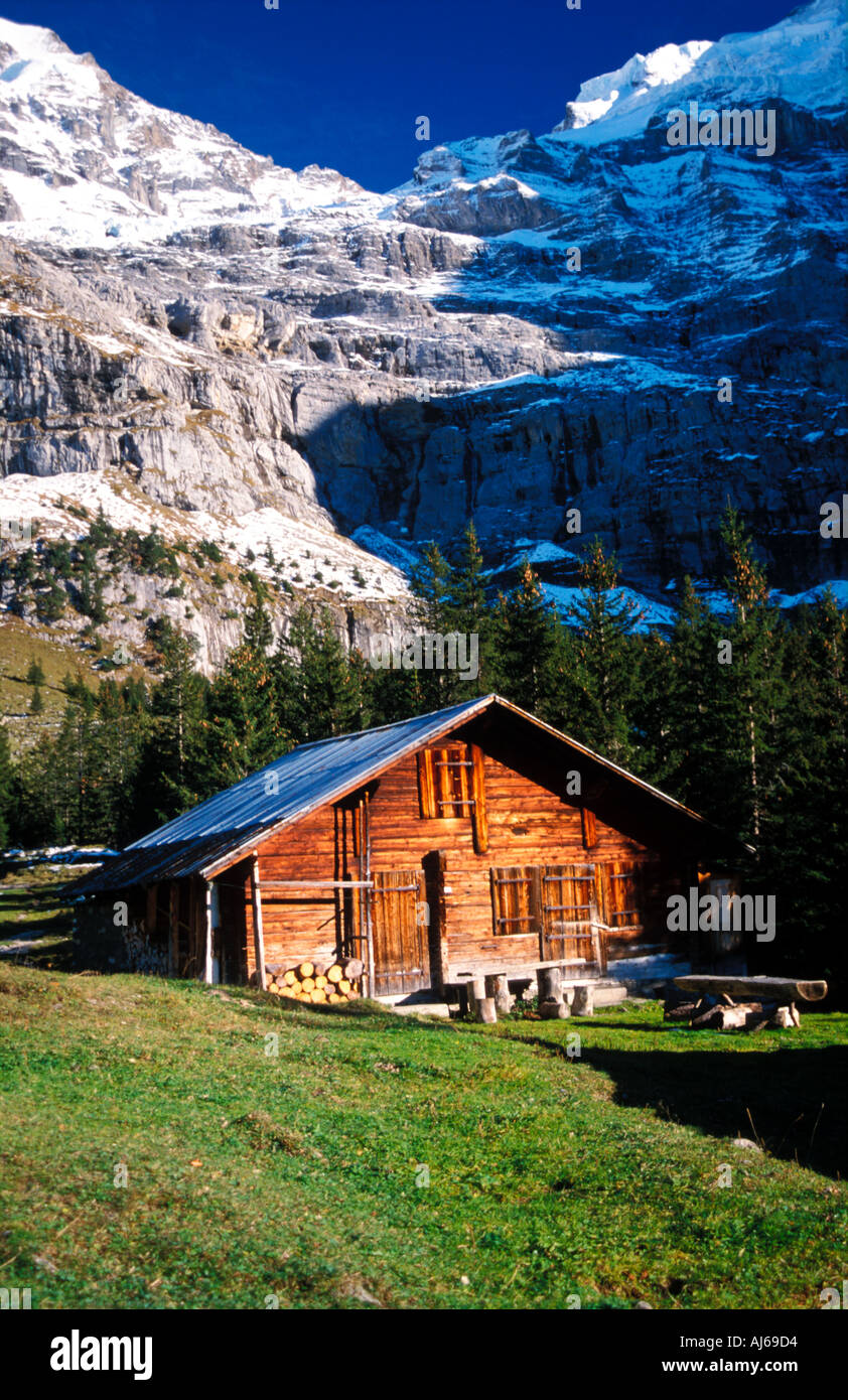 Alpine hut in summer at Biglen Alp in the Bernese Oberland Switzerland ...