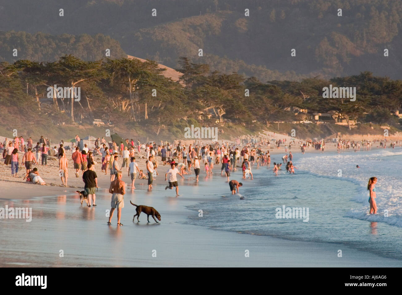 Crowds of beach goers at Carmel Beach Carmel by the Sea California USA ...