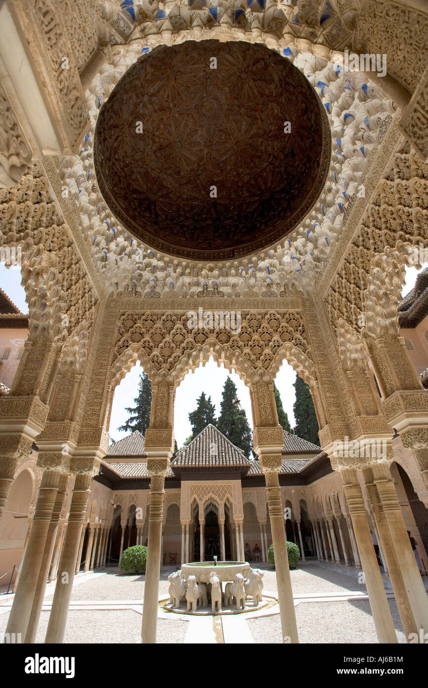 Carved columns in an interior courtyard named Court of the Lions inside ...