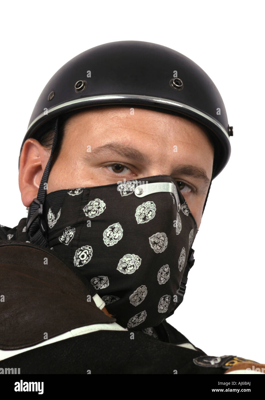 motorbiker with half shell helmet and drapery Stock Photo - Alamy