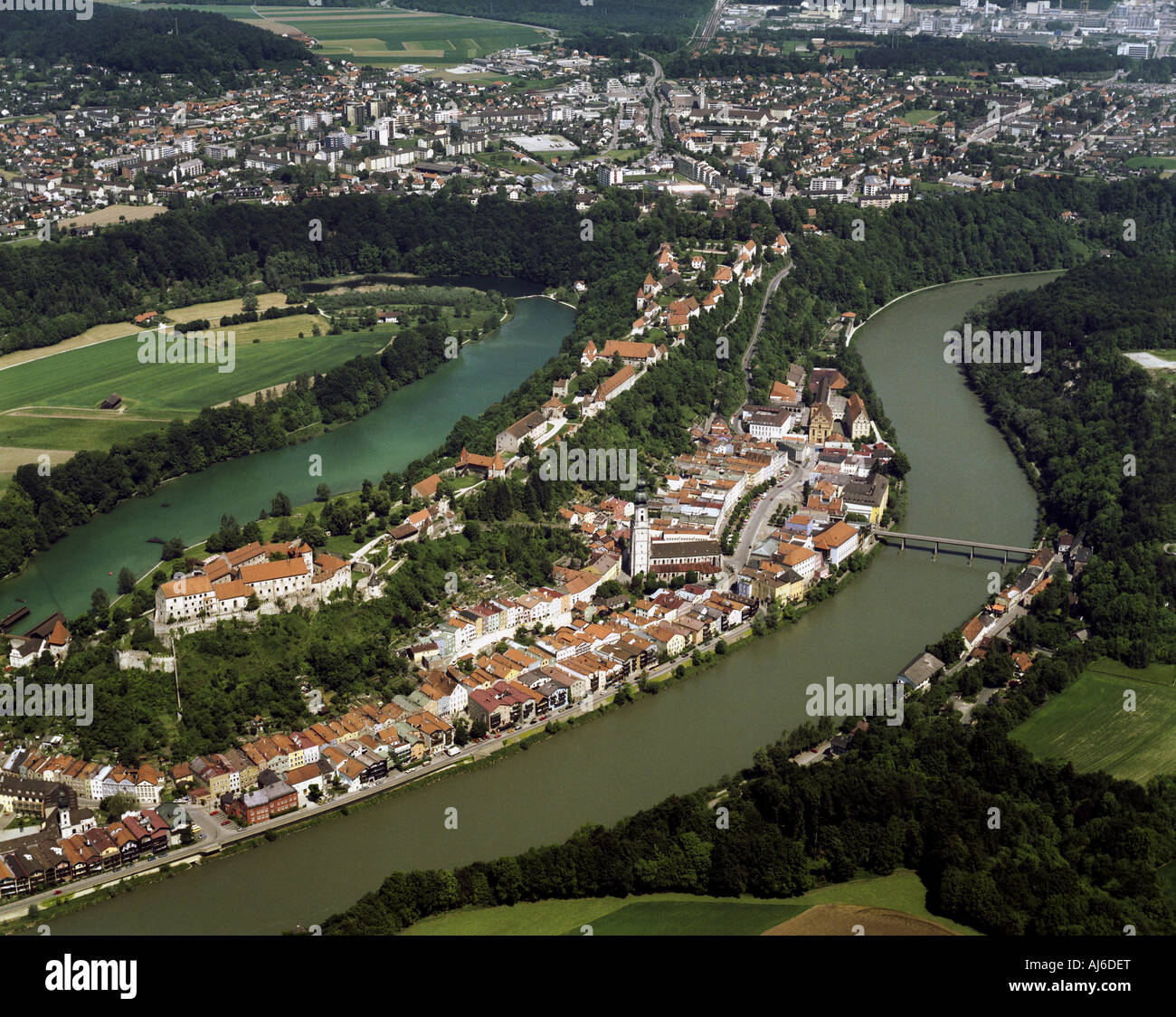 view on town Burghausen and castle, Germany, Bavaria, Burghausen ...