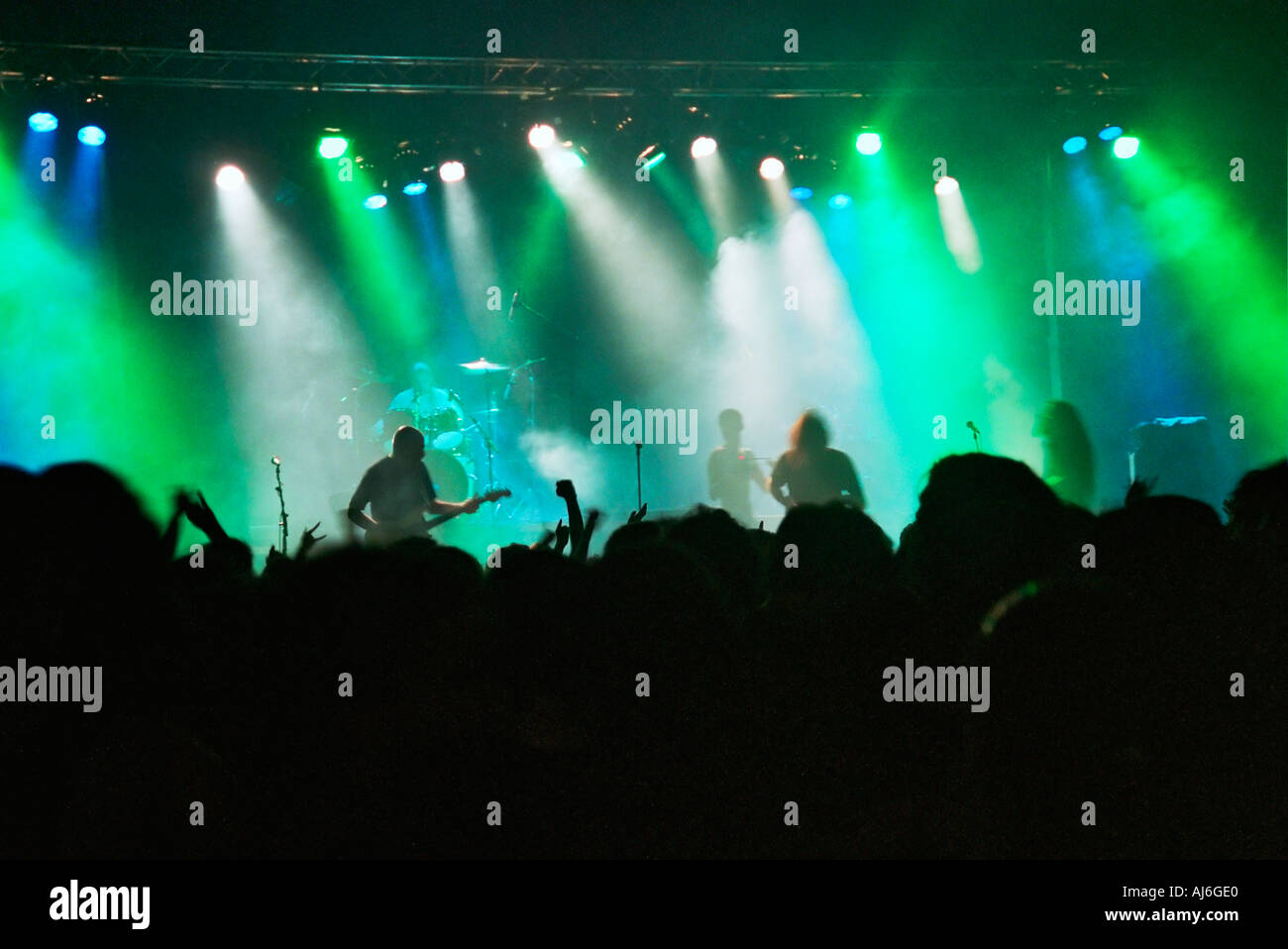 Israel Tel Aviv band during a Heavy Metal rock performance green lights ...