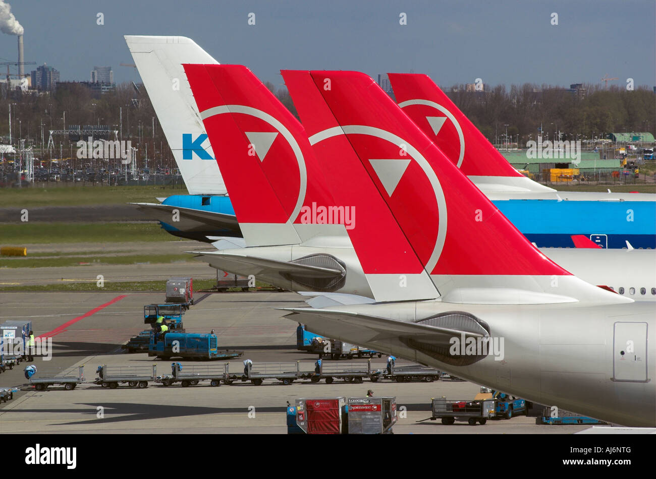 Tails of NWA aircraft in a line at Amsterdam Schipol airport Stock ...