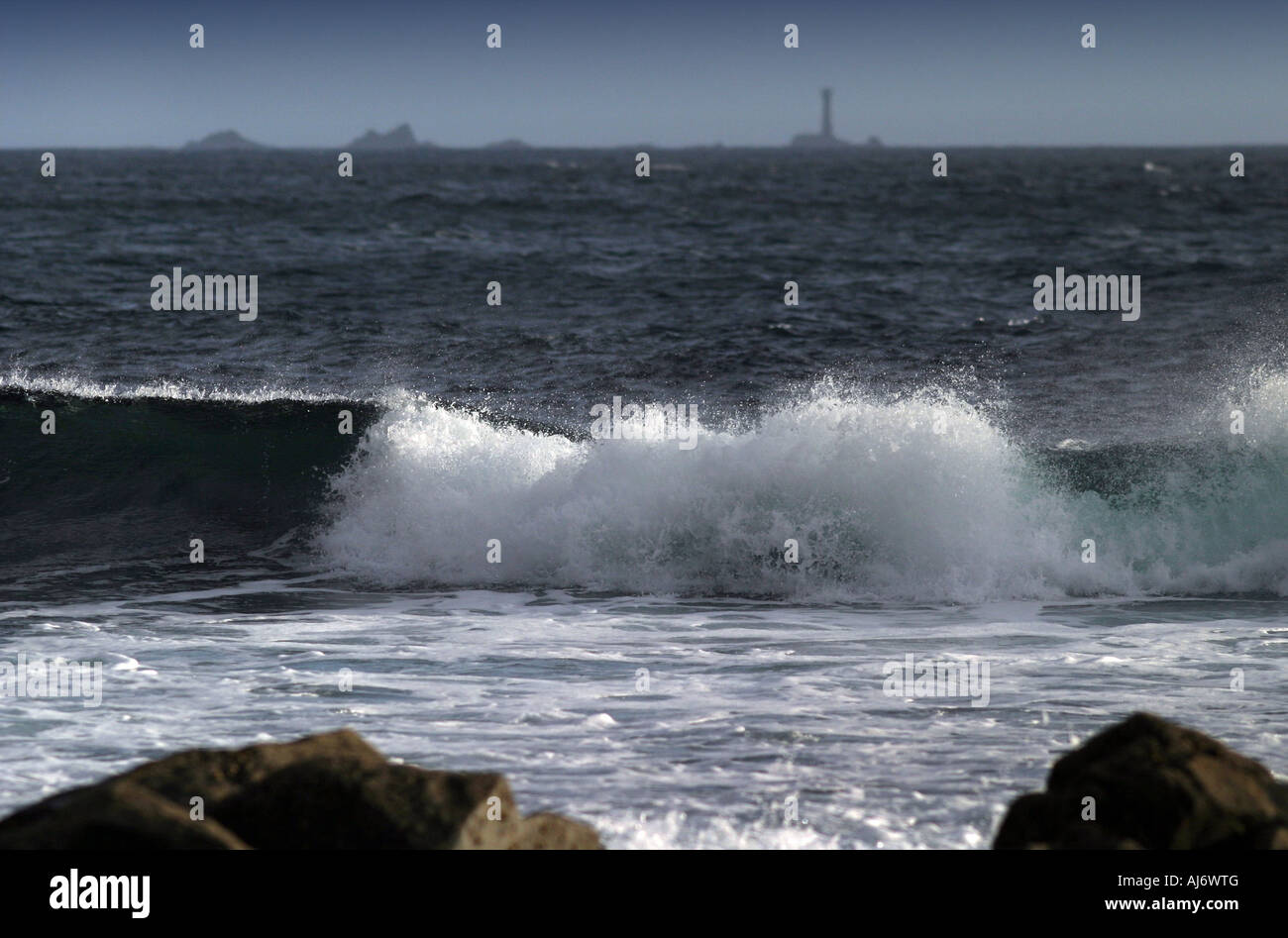 Cornish coastal view with Wolf Rock lighthouse Stock Photo - Alamy