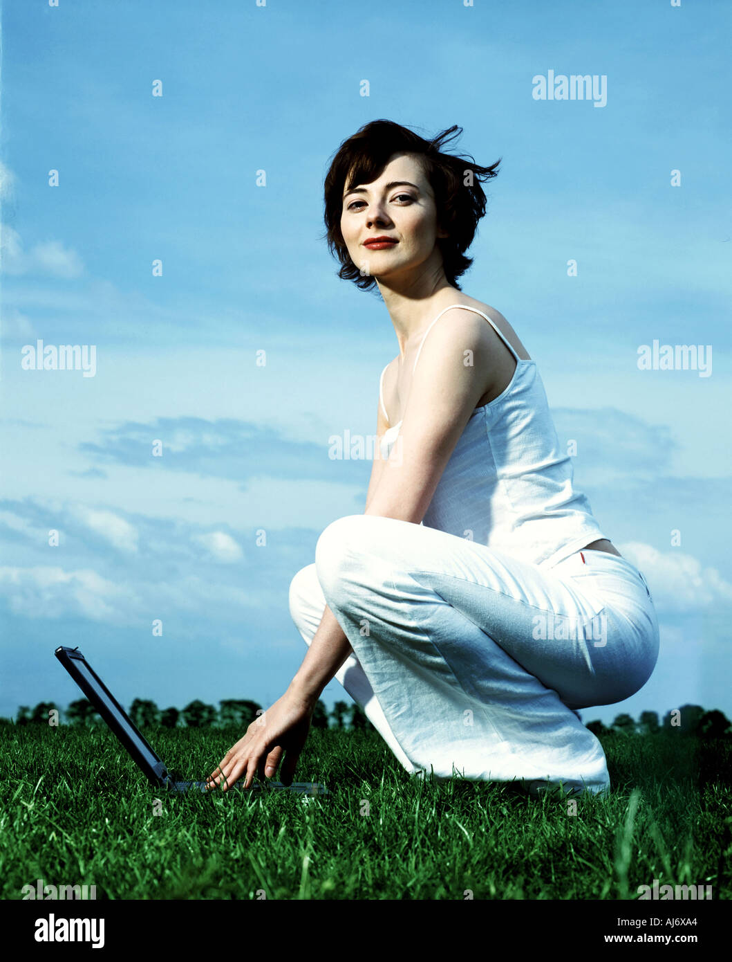 outdoor day summer meadow field grass woman girl 20 25 young brunette ...