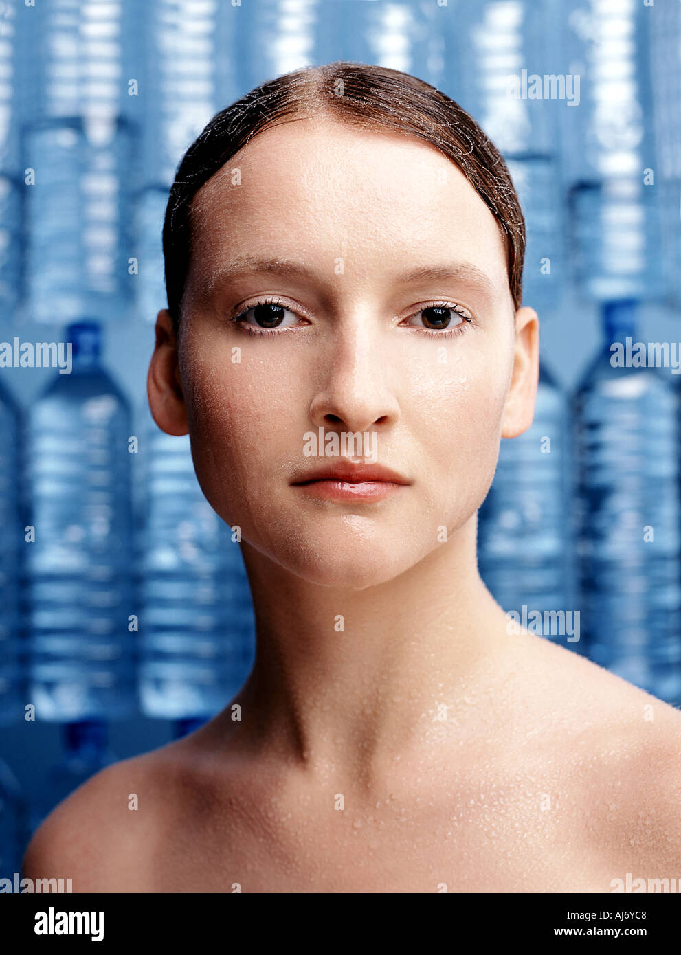 indoor studio close up woman girl 25 30 young face hair drop drops ...