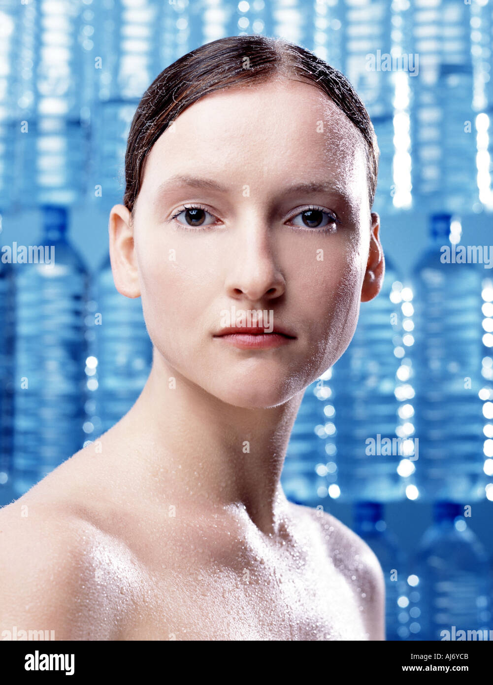 indoor studio close up woman girl 25 30 young face hair drop drops ...