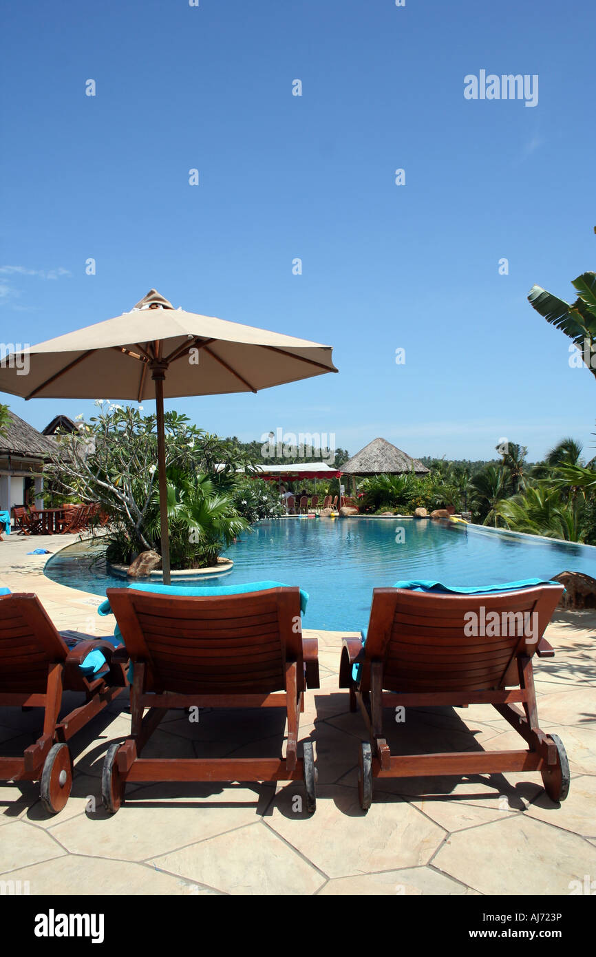 Potrait View of a Swimming pool and huts in a resort in Kerala, India ...