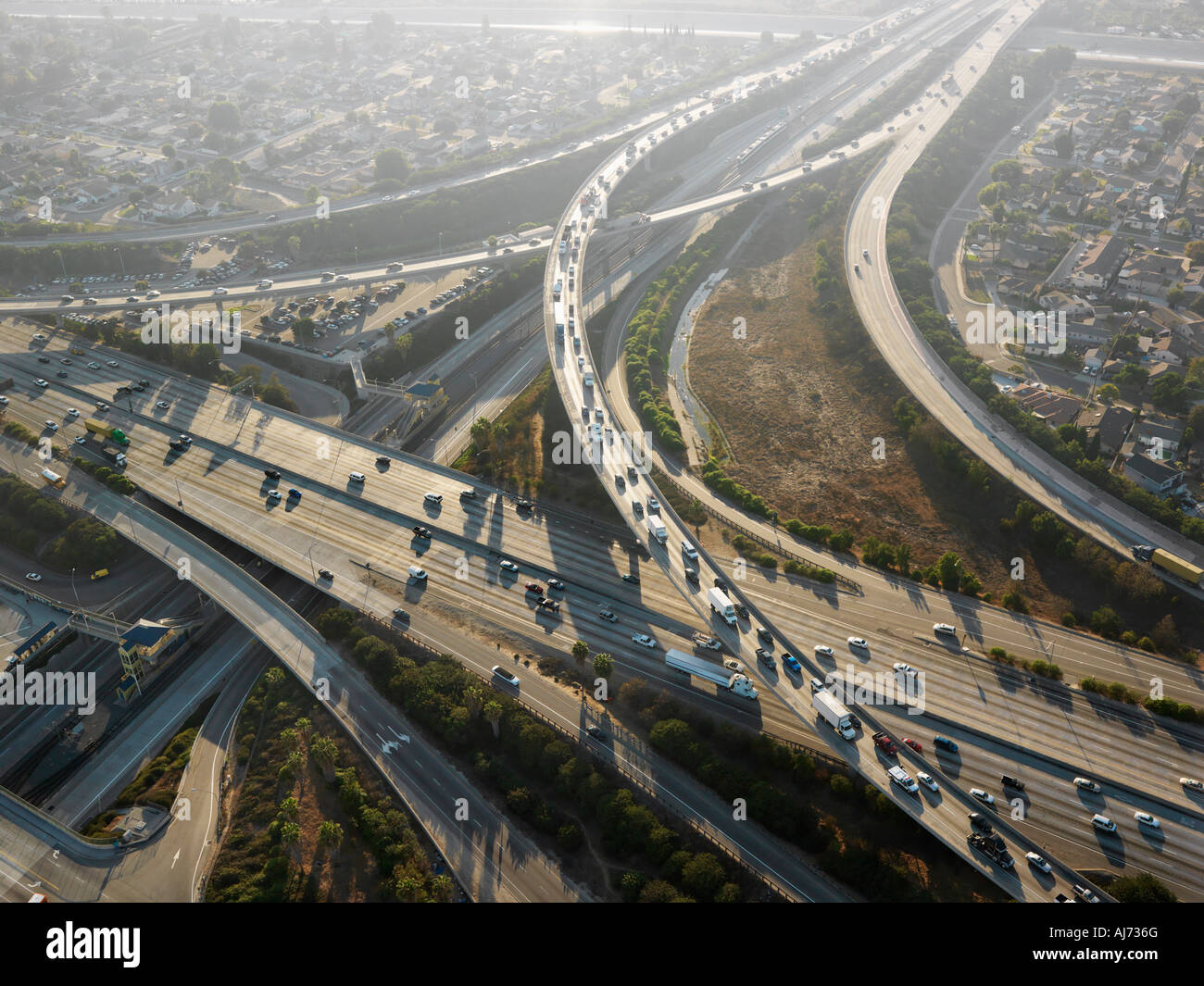 Aerial view of complex highway interchange in Los Angeles California ...