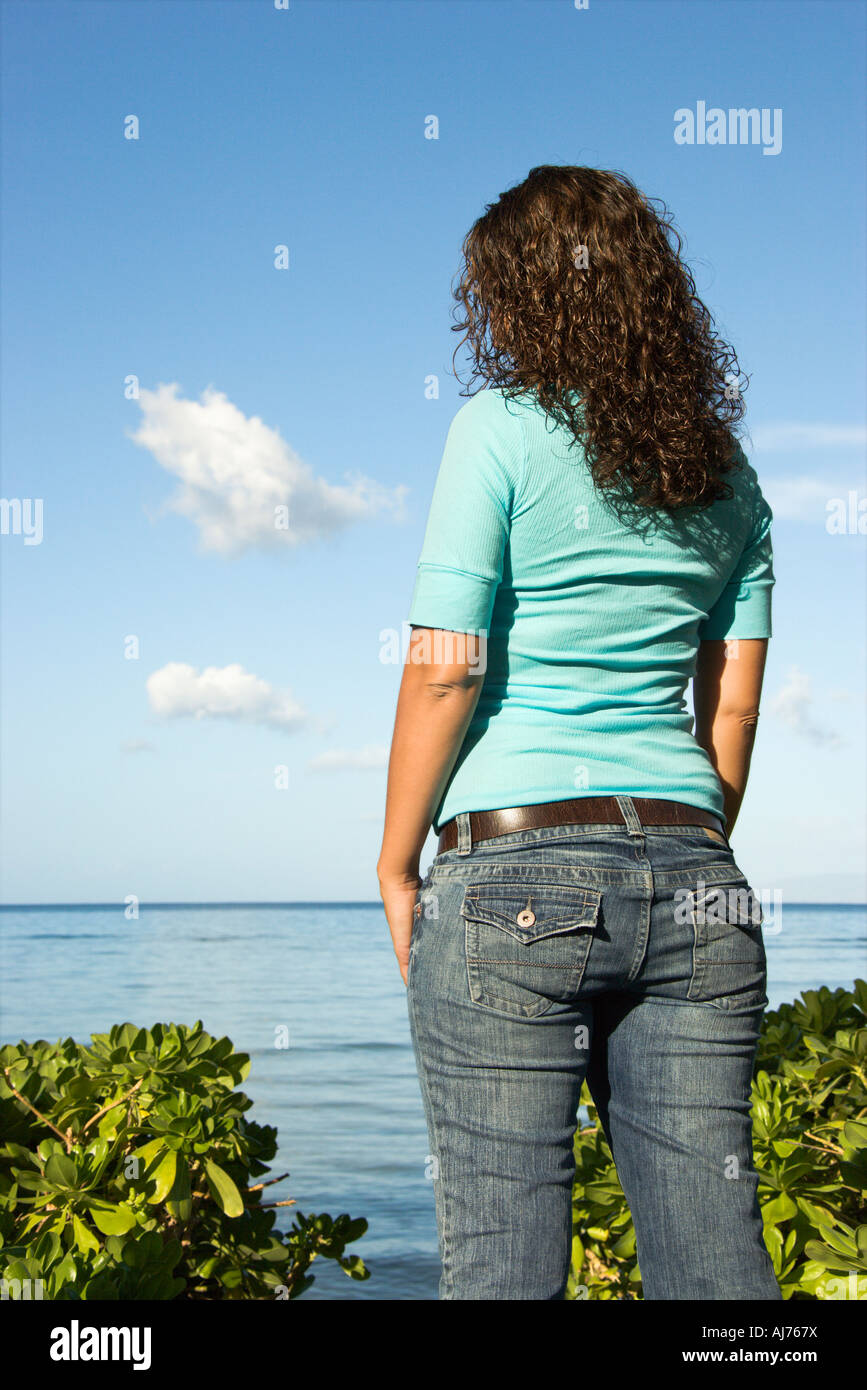 Back view of young adult Caucasian brunette female looking out over ...