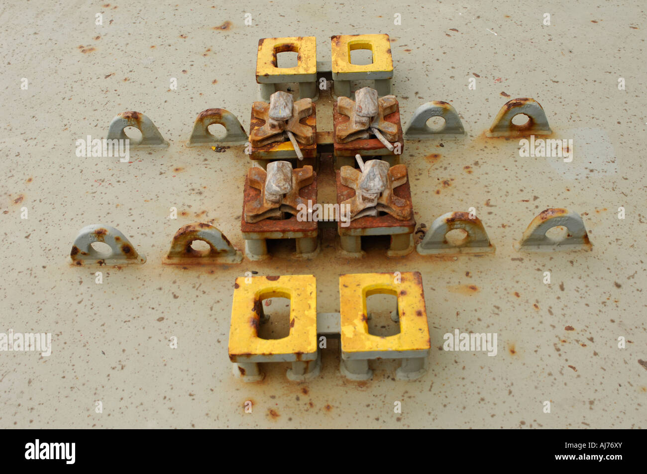 Shipping container mounting points on the deck of a container ship ...
