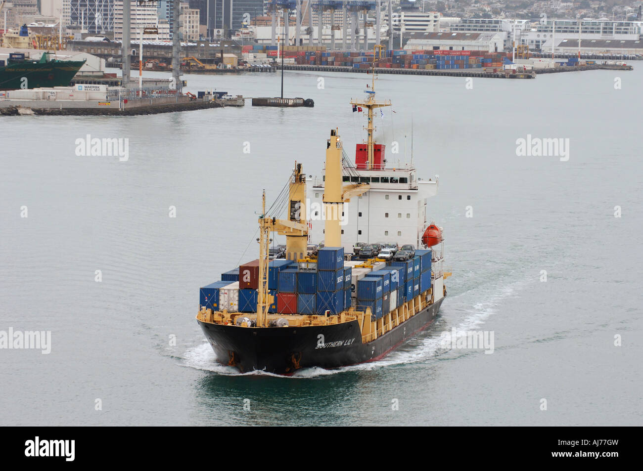 Pacific Line container ship Southern Lily departs Aucklands Waitamata ...