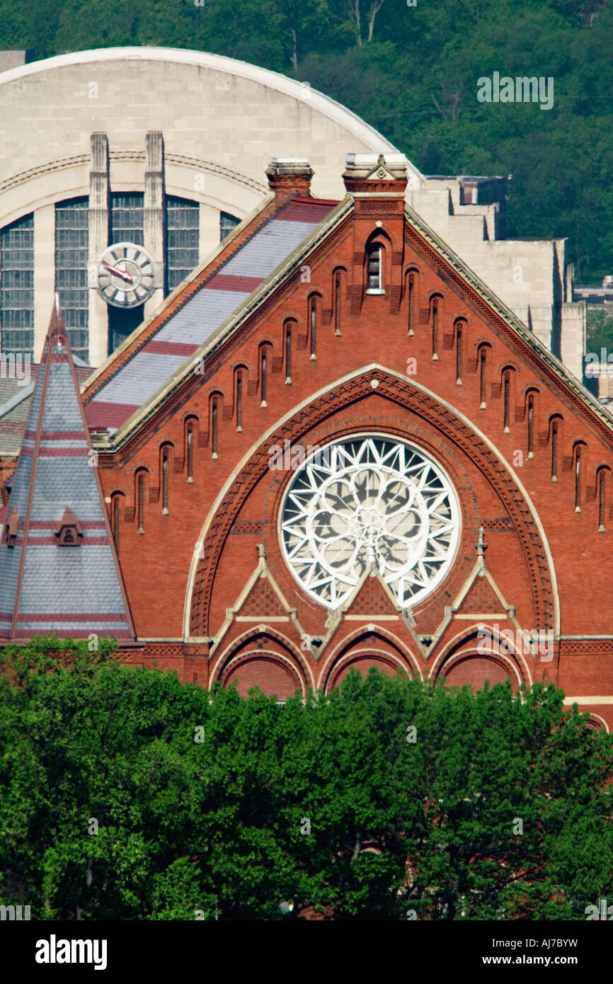 The crowns of Cincinnati Music hall and Cincinnati Museum Center stand ...