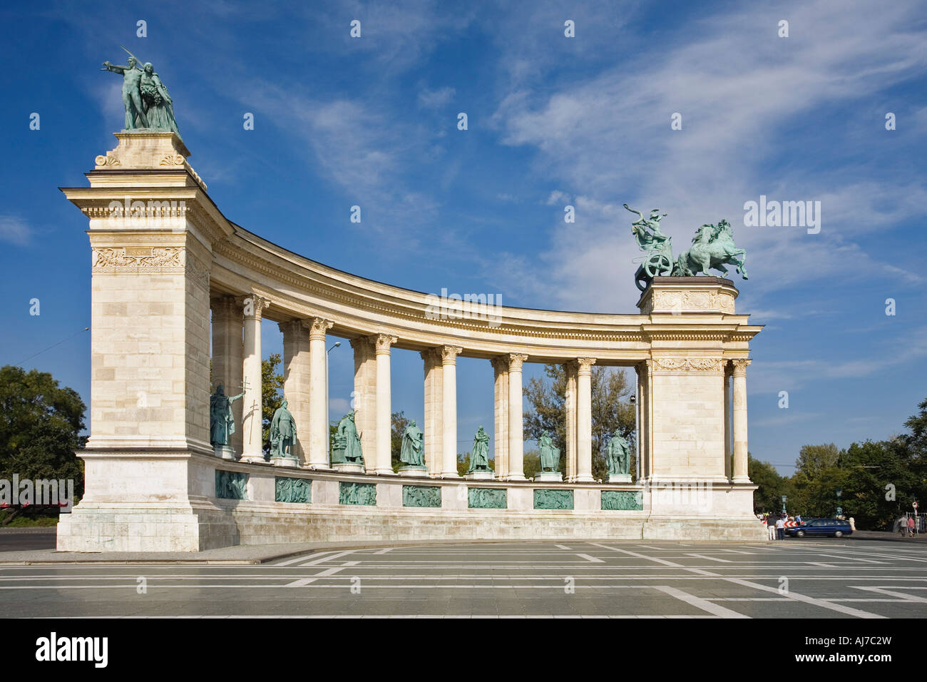 Two curved colonnades featuring allegorical compositions are part of ...