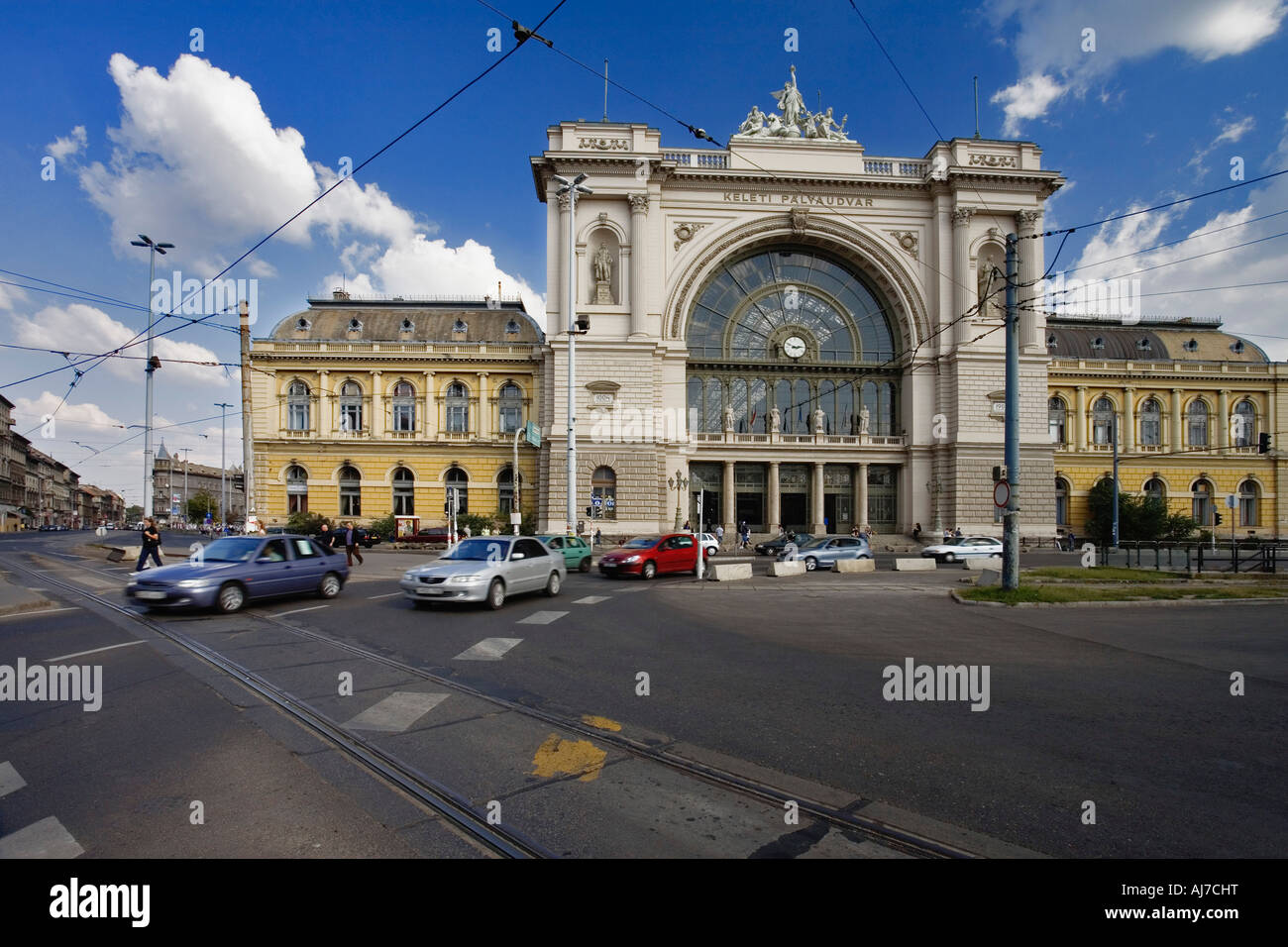 Cars passing by the Budapest Keleti Palyaudvar Budapest Eastern Railway ...