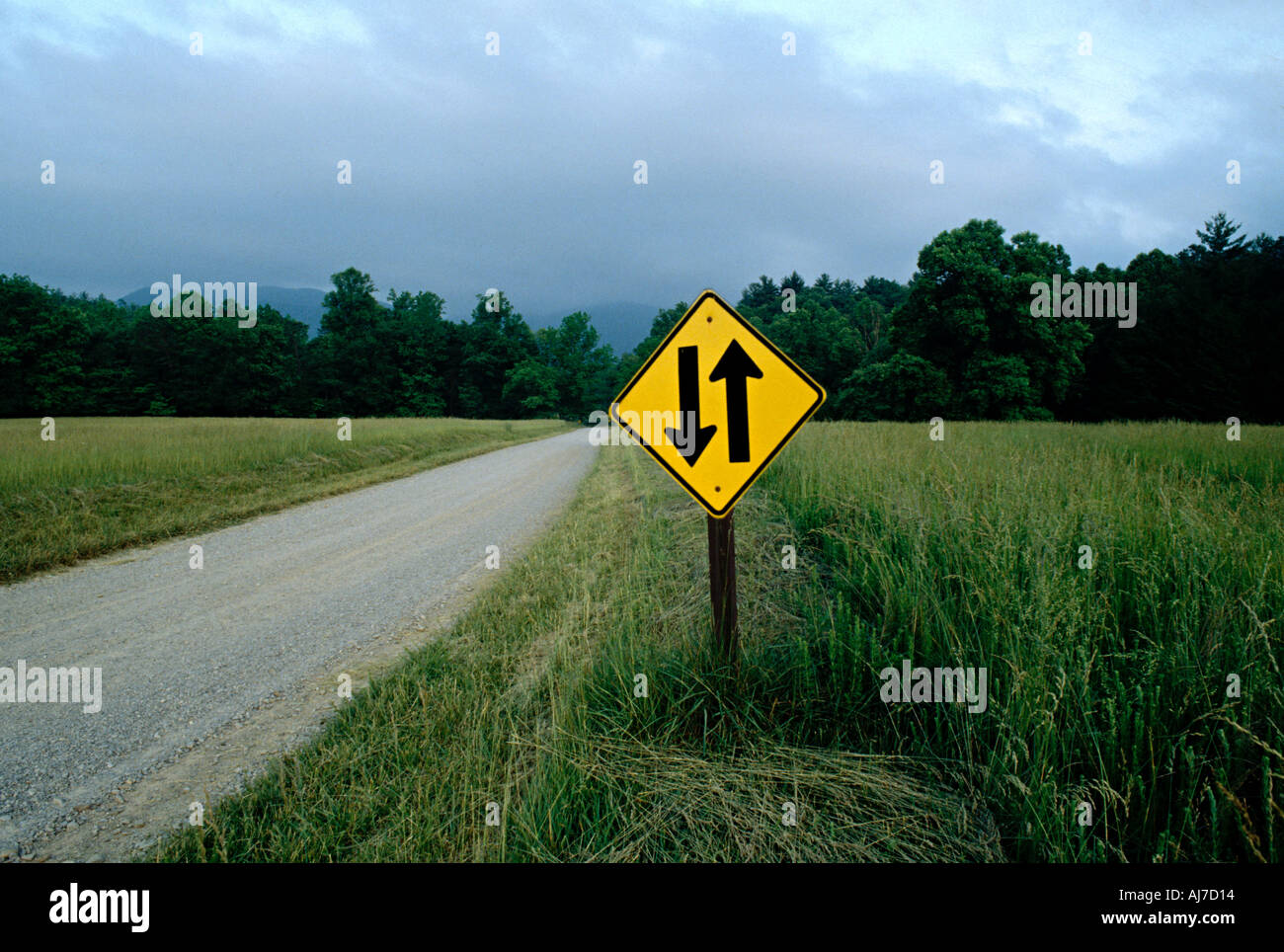 Road sign reading two lanes Stock Photo - Alamy