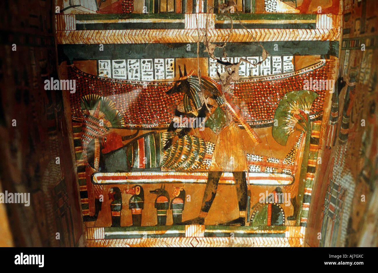 Jackal-headed god Anubis receiving dead king or noble, Ancient Egyptian. Artist: Unknown Stock ...