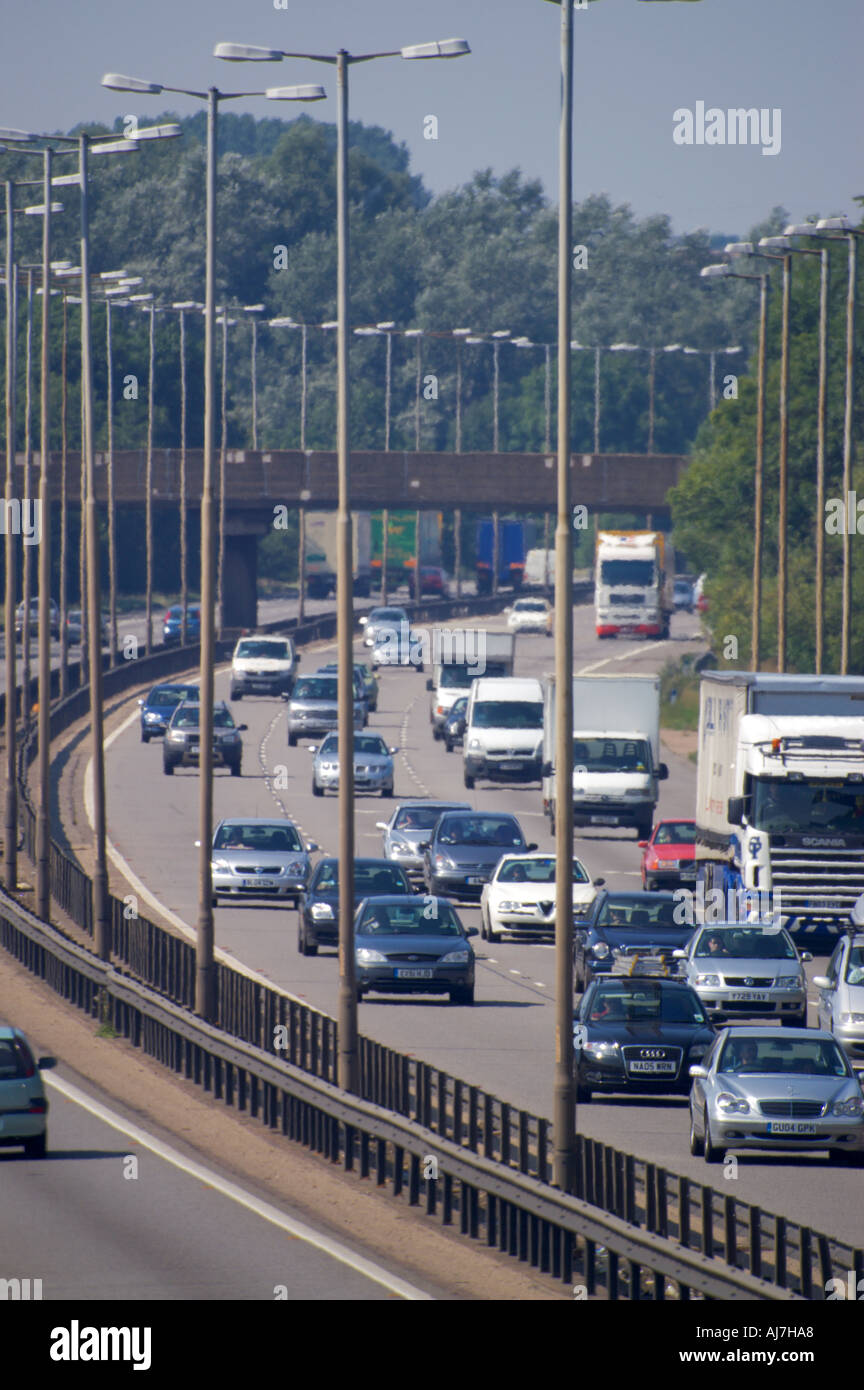 Heavy traffic with heat haze M1 motorway Northamptonshire England Stock ...
