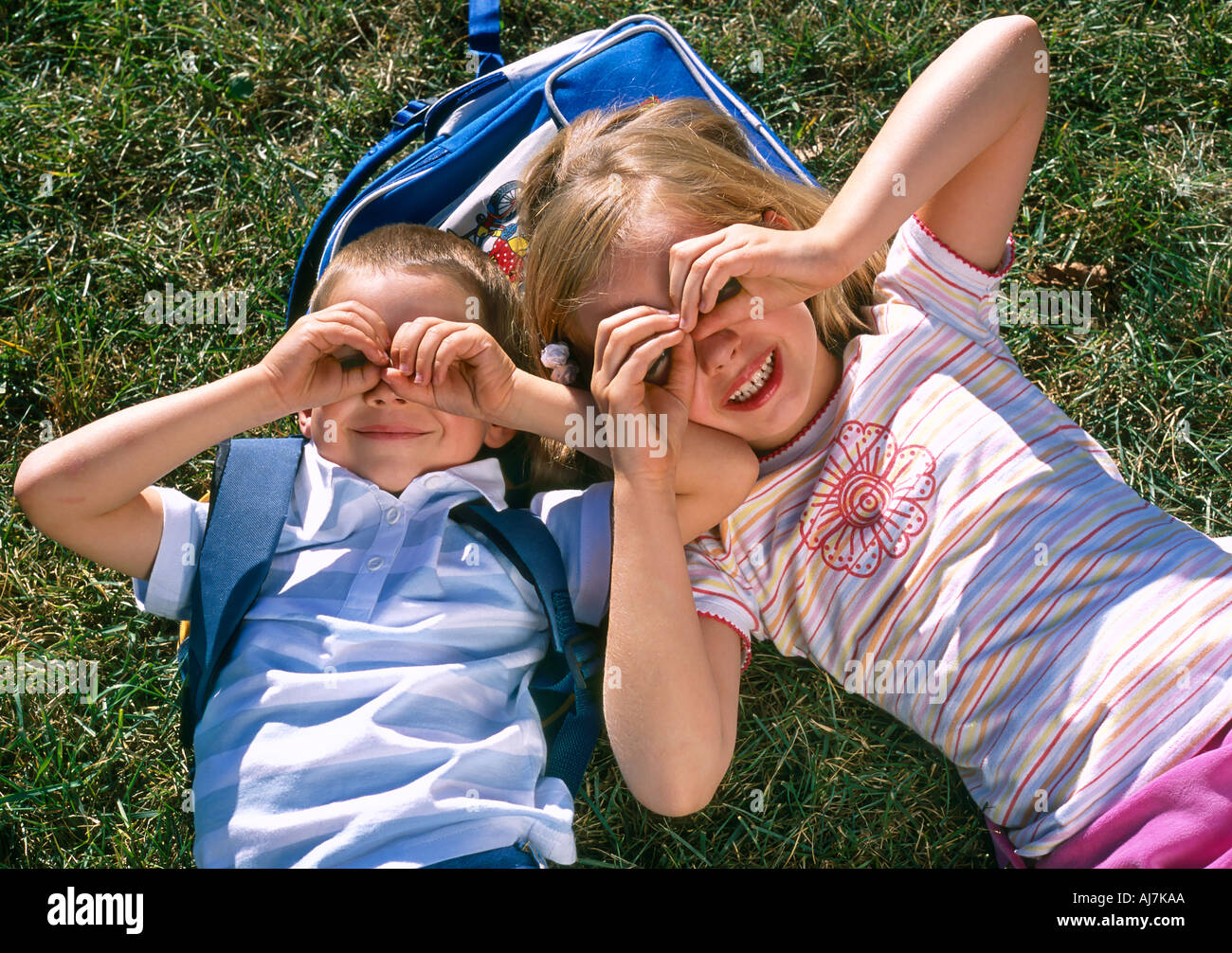 child children girl boy schoolboy schoolgirl brother sister knapsack ...